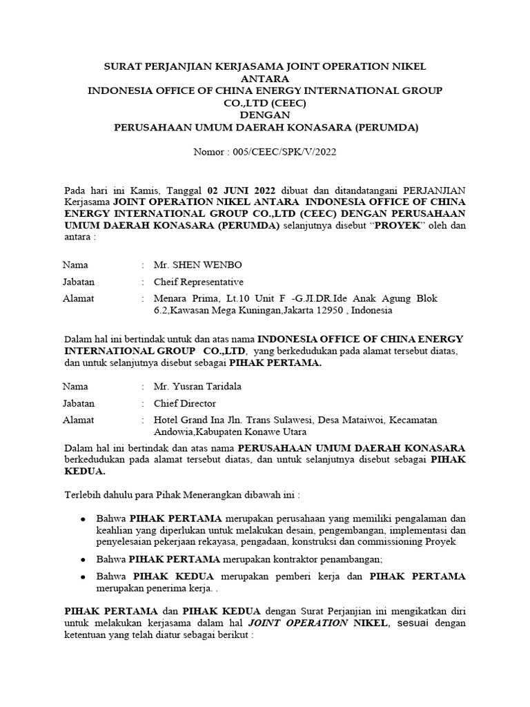 Surat Perjanjian Kerjasama Joint Operati | PDF
