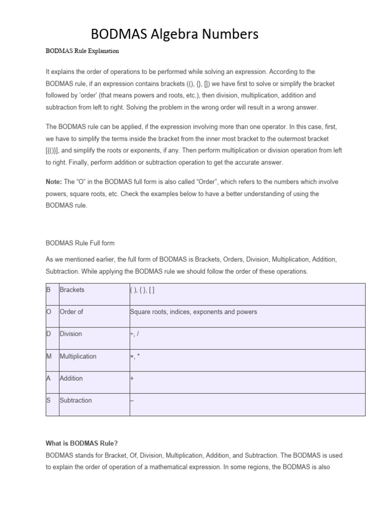BODMAS Rule Explanation PDF Algebra Multiplication