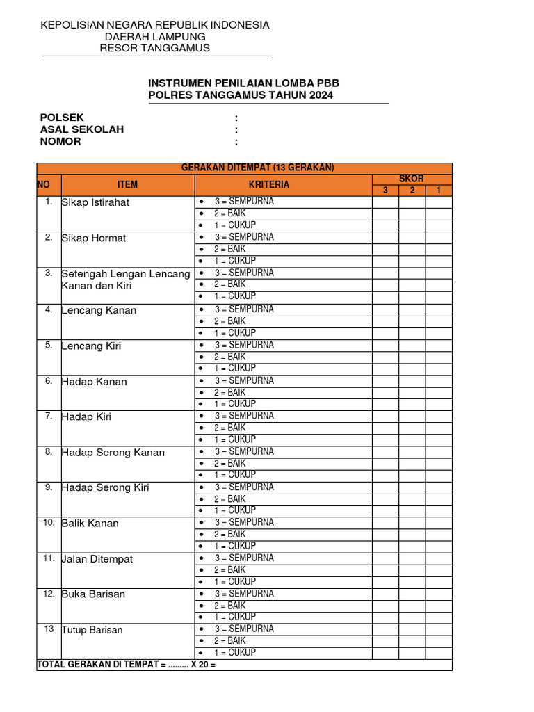 Instrumen Penilaian Lomba PBB Hut Bhayangkara 78 | PDF