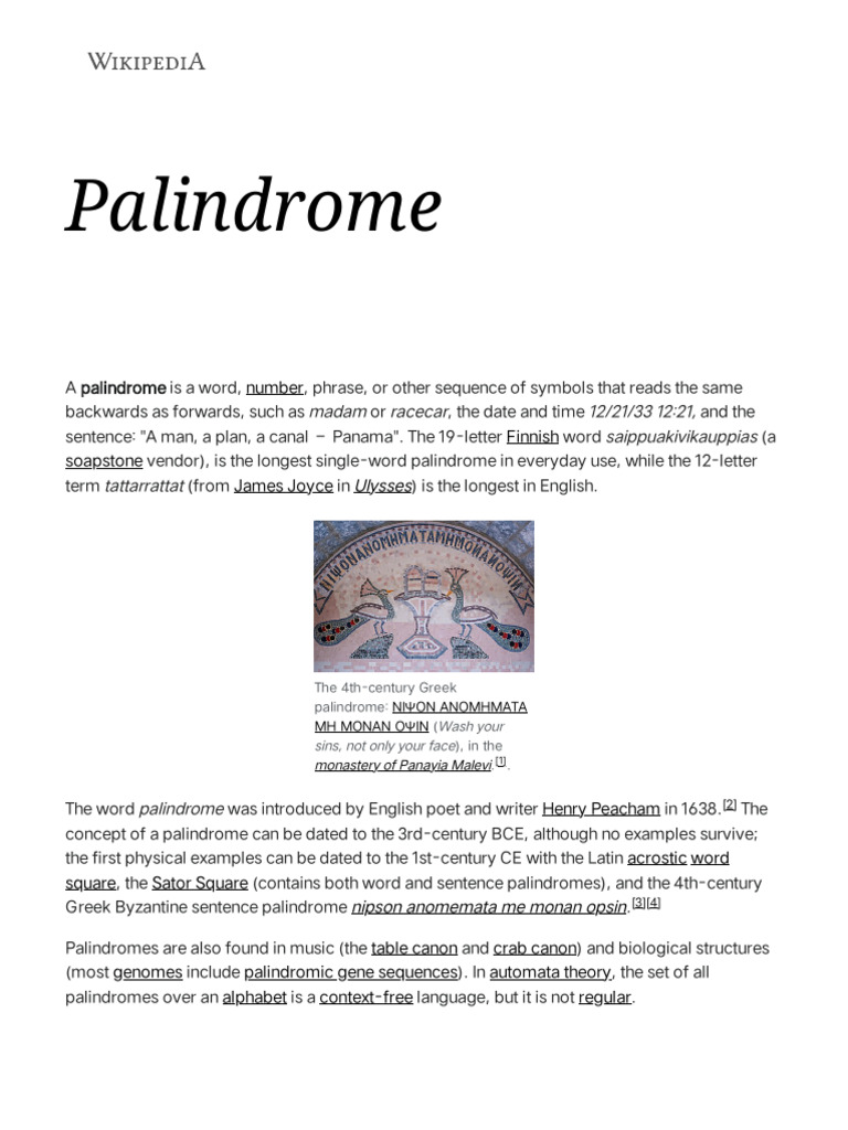 Palindrome - Wikipedia | PDF | Classics