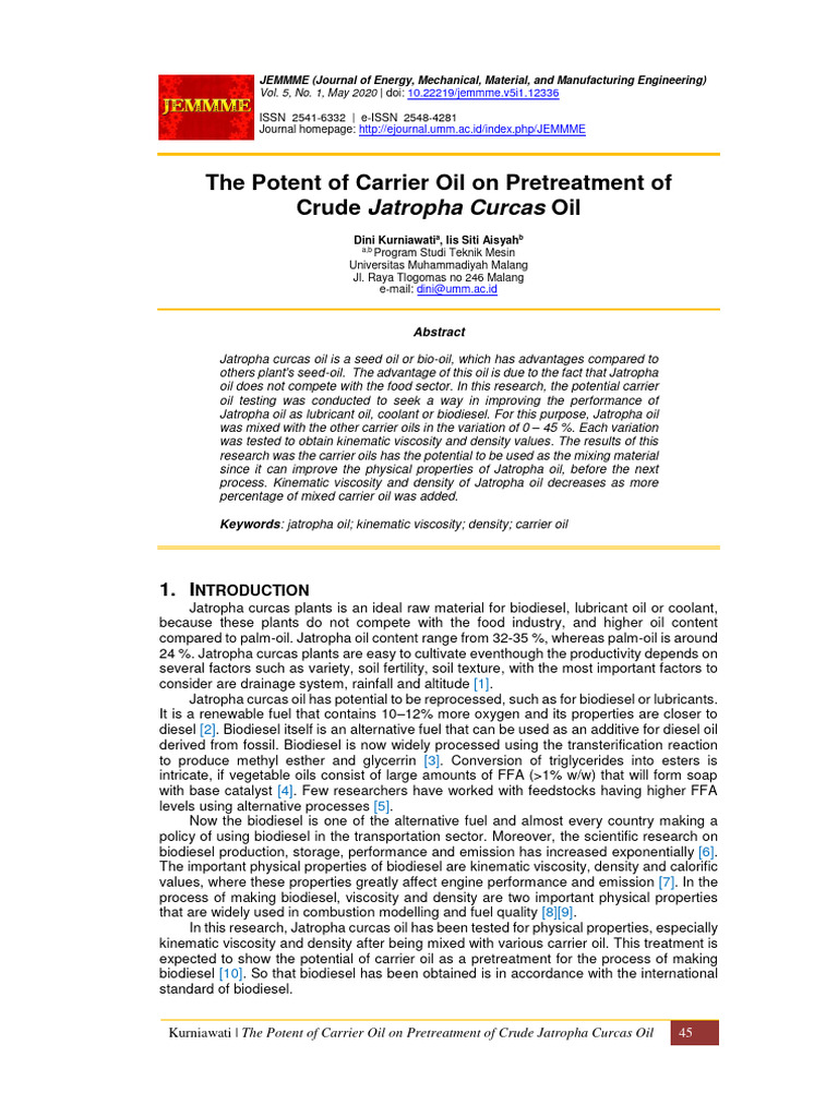 The Potent of Carrier Oil On Pretreatment of Crude Jatropha Curcas Oil | PDF | Biodiesel | Oil