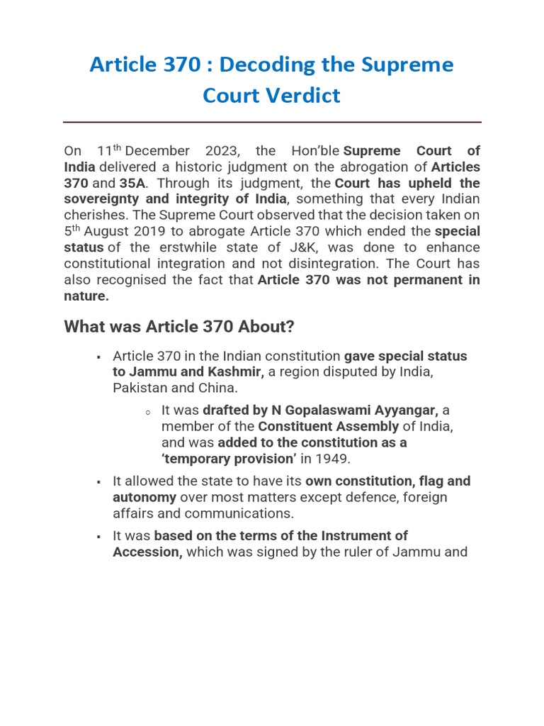 Supreme Court Upholds Article 370 Abrogation | PDF | Justice | Crime ...