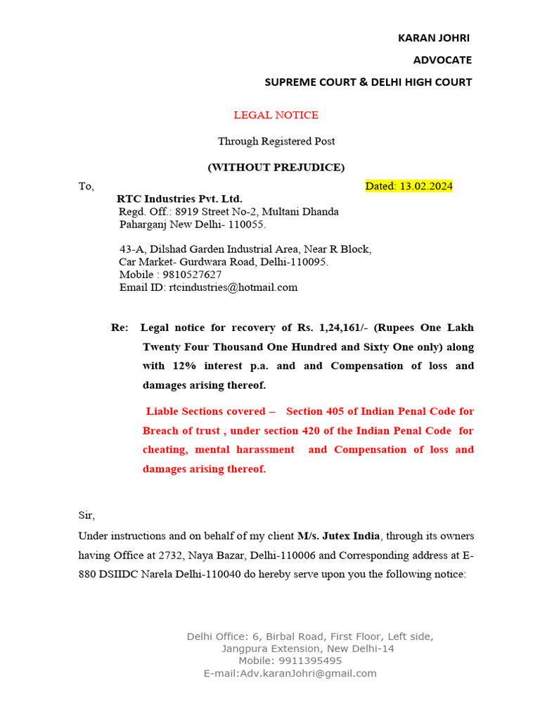 Legal Notice To RTC Industries by Jutex India - 13.02.2024 | PDF ...