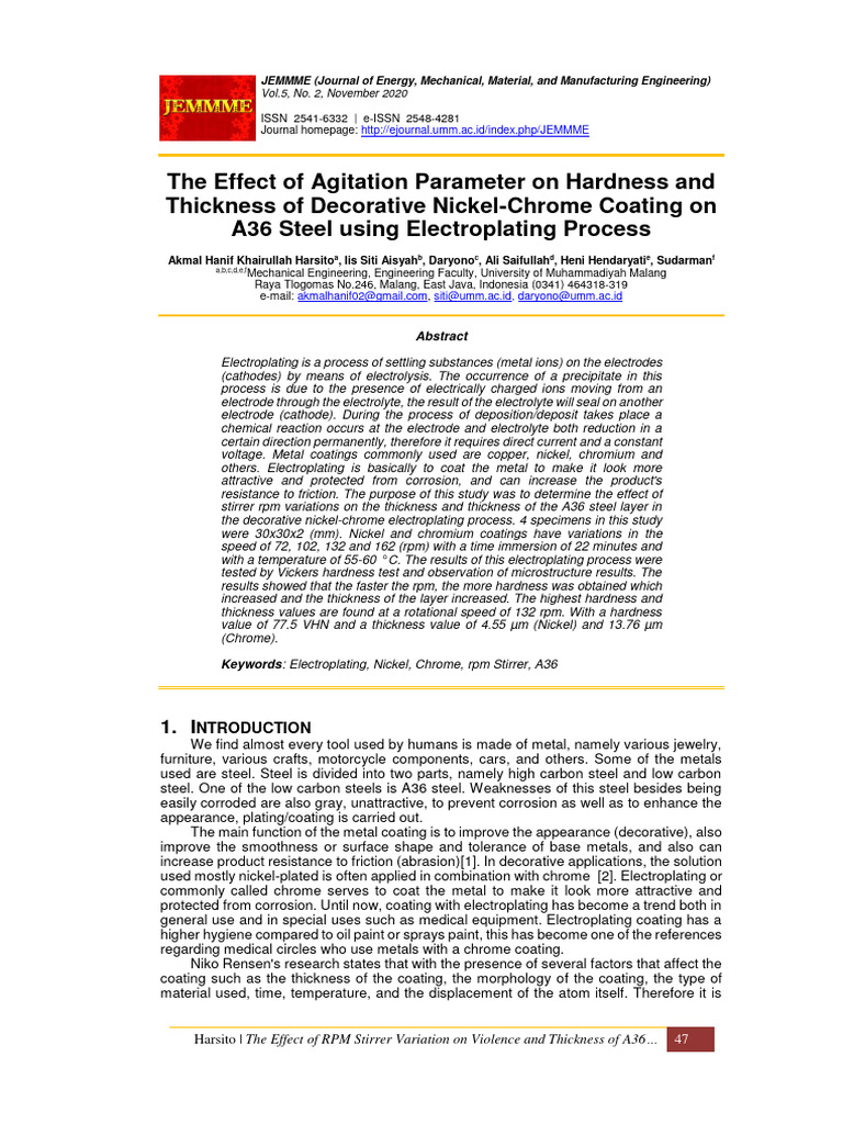 The Effect of Agitation Parameter On Hardness and Thickness of ...
