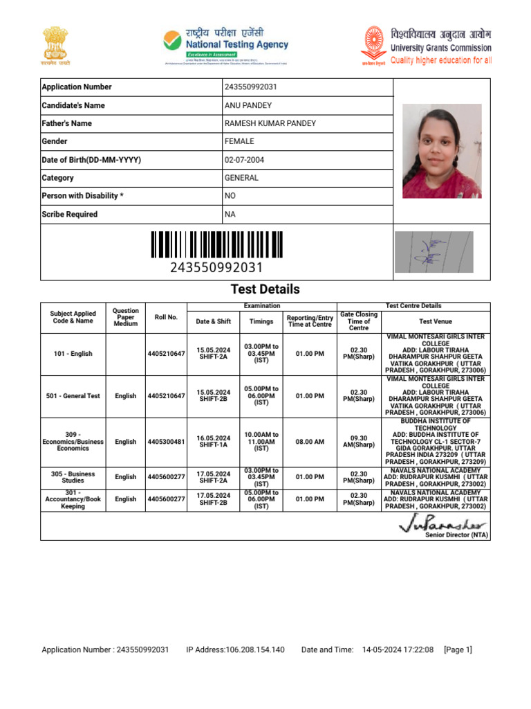 CUET-UG - 2024 Anu Pandey Admit Card | PDF | Identity Document