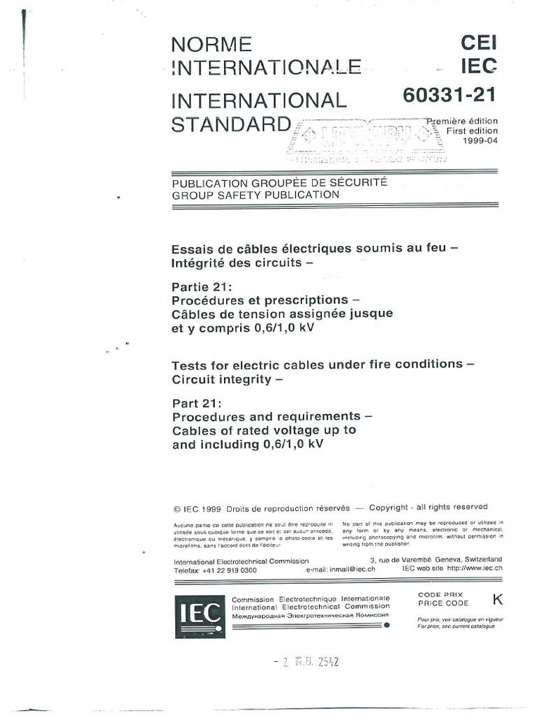 IEC 60331-21 Ed 1 1999-04 - Test For Elec - Cable Under Fire Condition ...