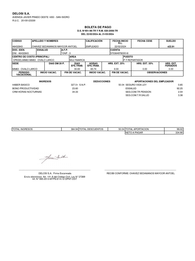 Boleta de Pago Empleado DELOSI S.A. | PDF