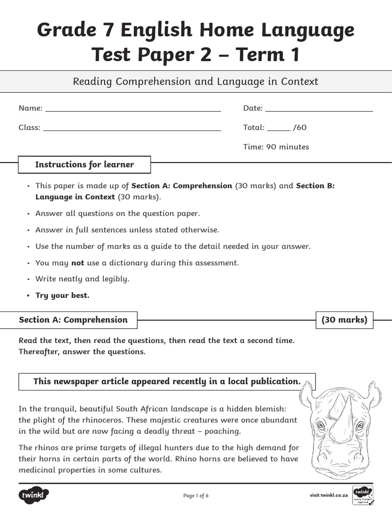 english-home-language-test-grade-7-term-1_ver_2 | PDF | Poaching ...