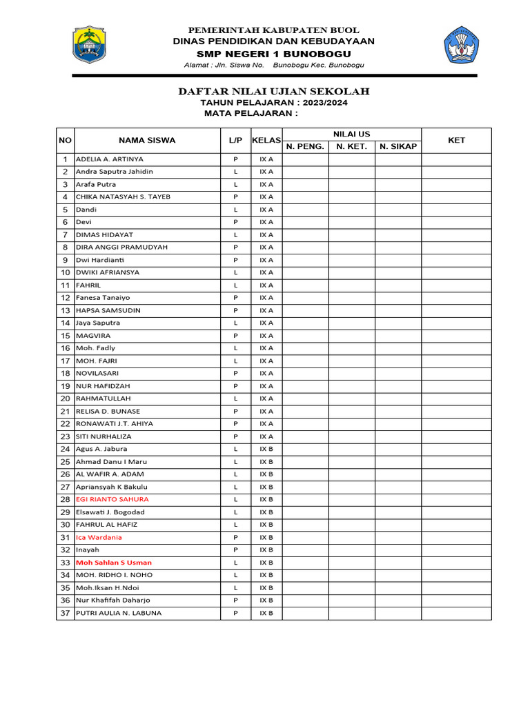 Daftar - Nilai Us 2024 | PDF