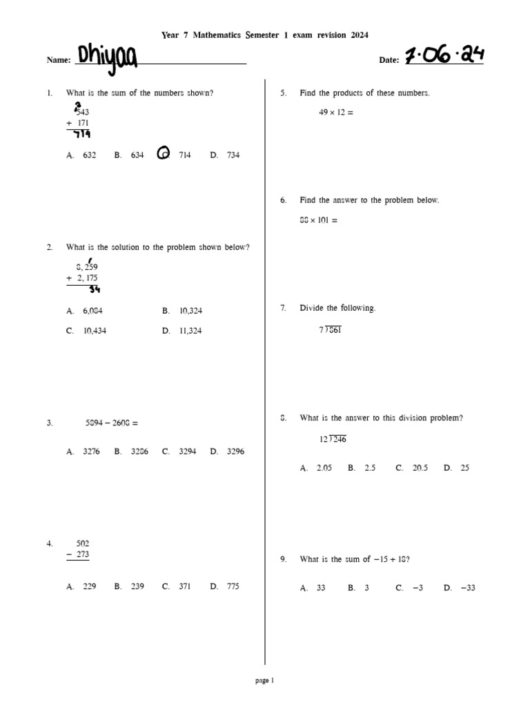 Year 7 Maths Semester 1 MCQ Exam Revision 2024 | PDF | Area | Fahrenheit
