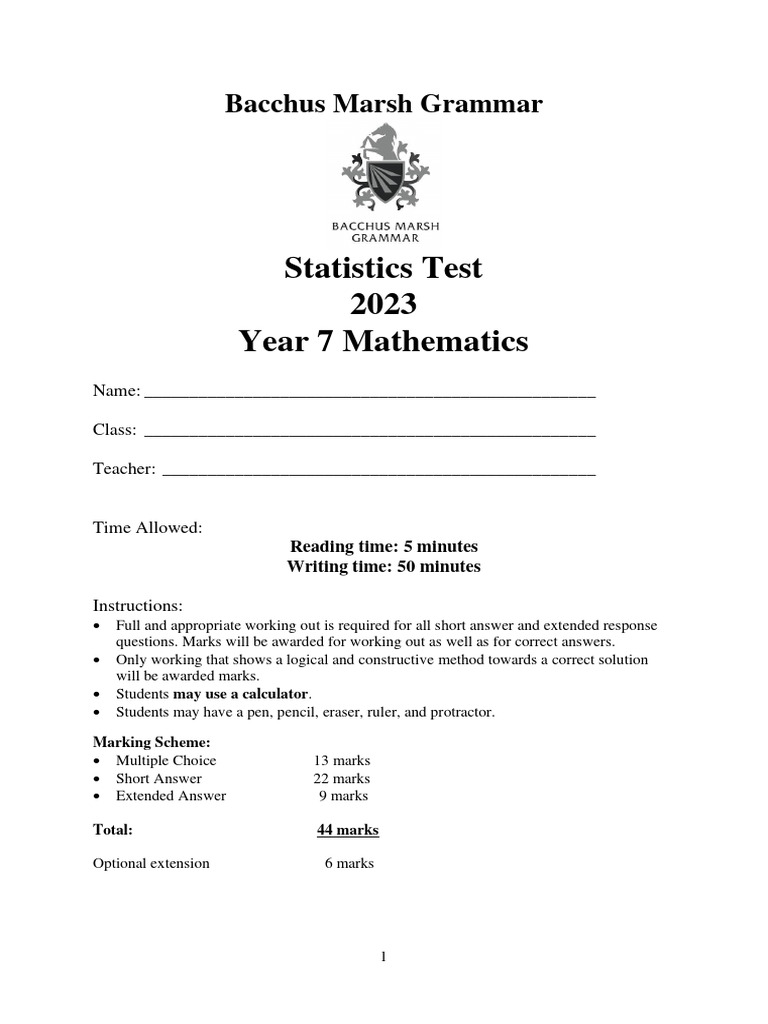 Year 7 Math Statistics Test 2023 | PDF | Mean | Multiple Choice