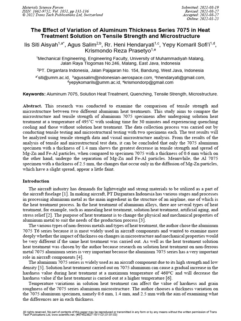 The Effect of Variation of Aluminum Thickness Series 7075 in Heat Treatment Solution On Tensile ...
