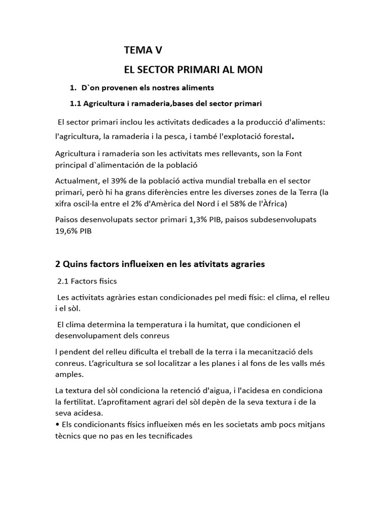 Tema V Sector Primari (3eso) | PDF