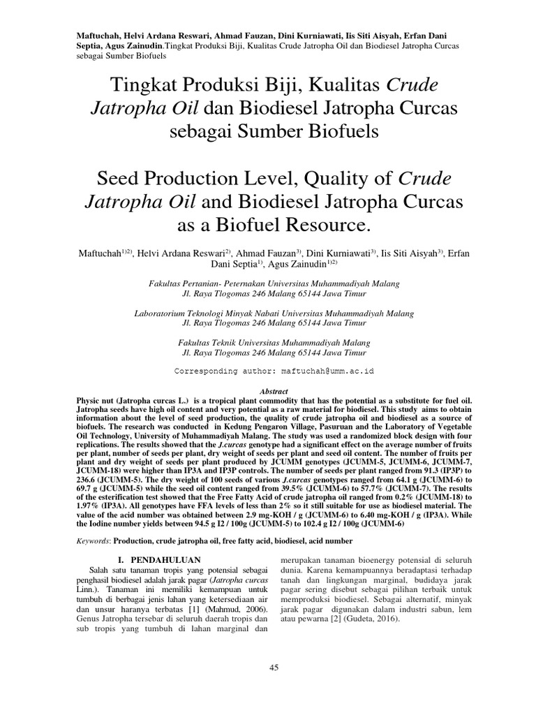 Tingkat Produksi Biji, Kualitas Crude Jatropha Oil Dan Biodiesel Jatropha Curcas Sebagai Sumber ...