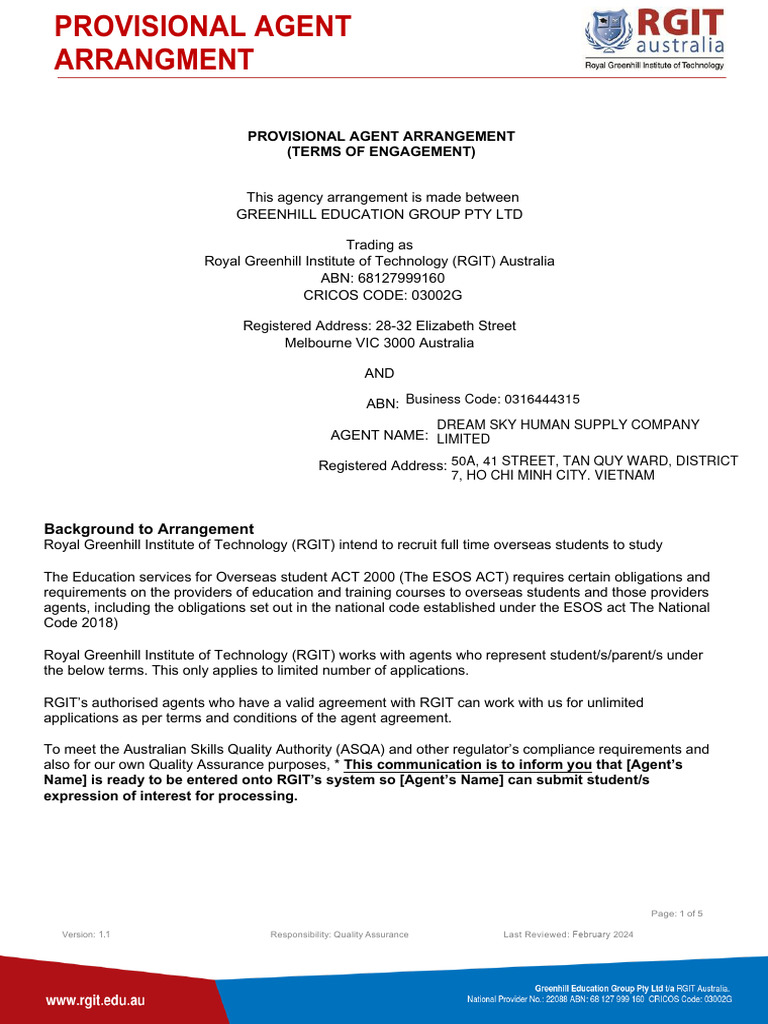 Dream Sky Human Supply Company Limited - RGIT Provisional Agreement 2 1 | PDF | Finance & Money ...