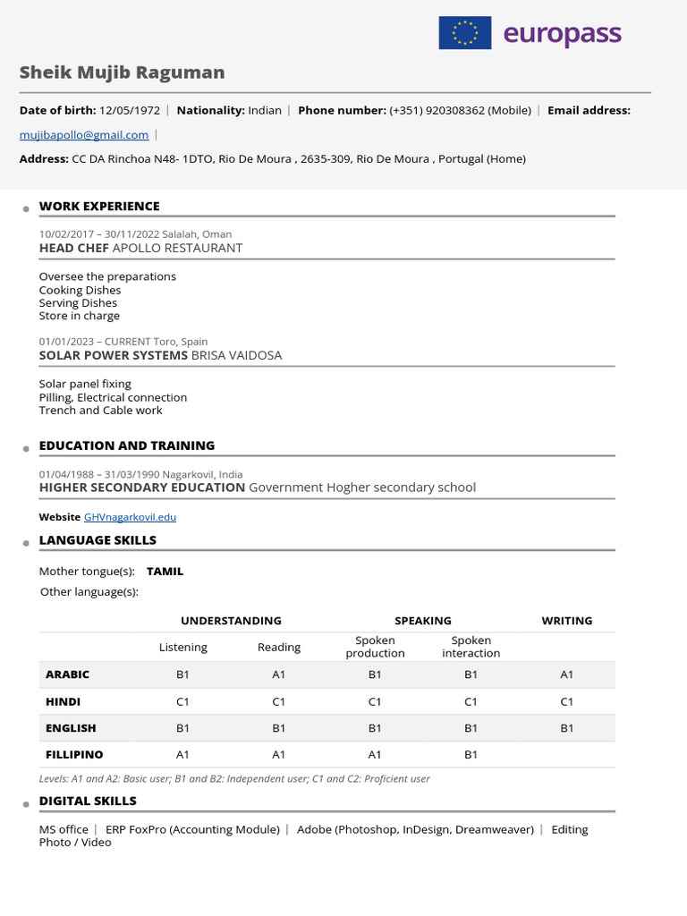 CV - Sheik Mujib Raguman Euro Pass (1) (1) - 1 | PDF