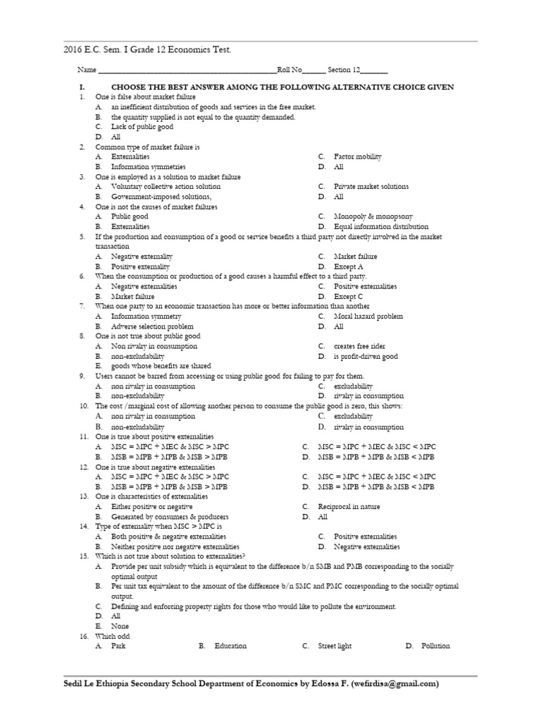 Grade 12 Economics Test on Externalities | PDF | Externality | Market ...