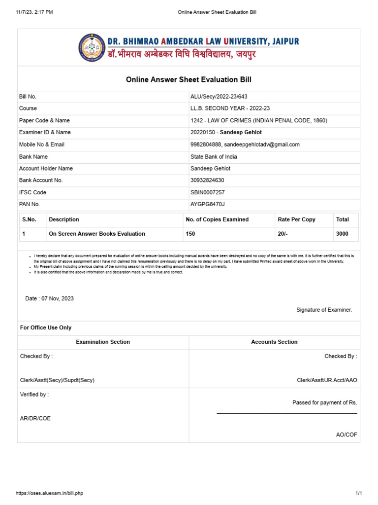 Online Answer Sheet Evaluation Bill | PDF