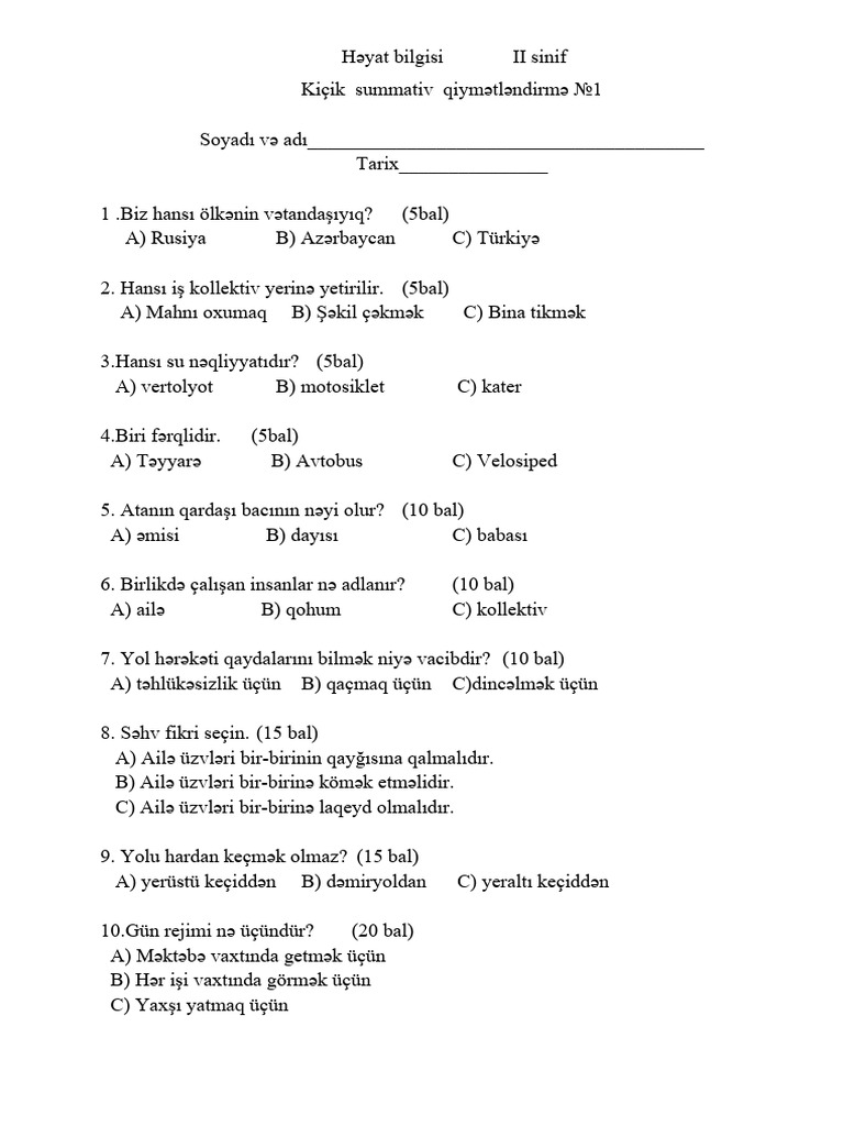 2-ci sinif KSQ N5-Həyat bilgisi 2023 | PDF