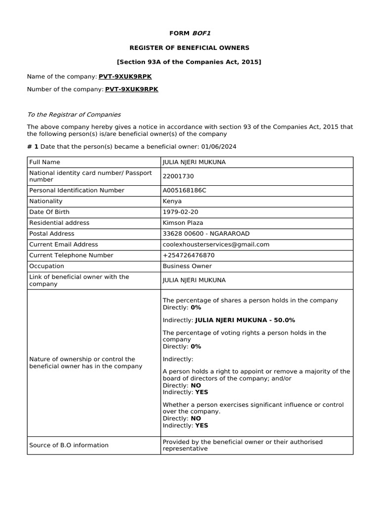 Beneficial Owners Register Form | PDF | Identity Document | Authentication