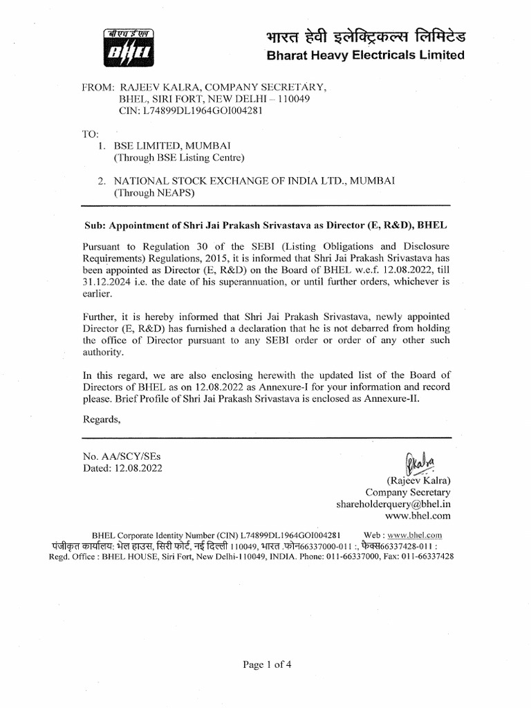 Appointment of Jai Prakash Srivastava at BHEL | PDF | Business
