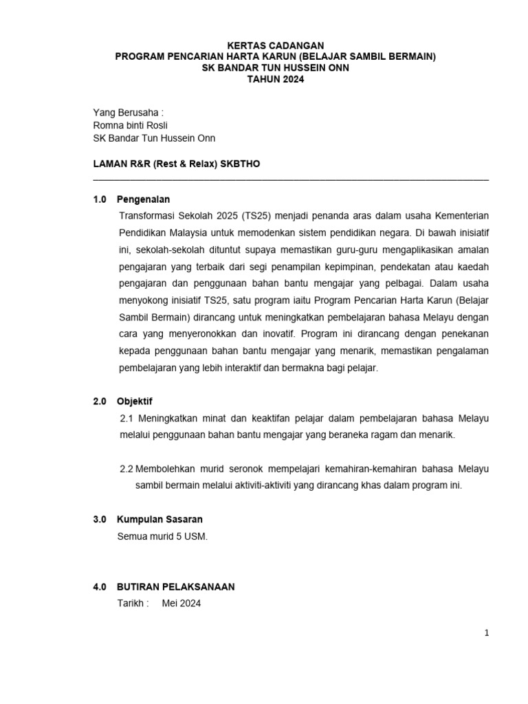 Kertas Kerja Projek Treasure Hunt SK Btho 2024 | PDF