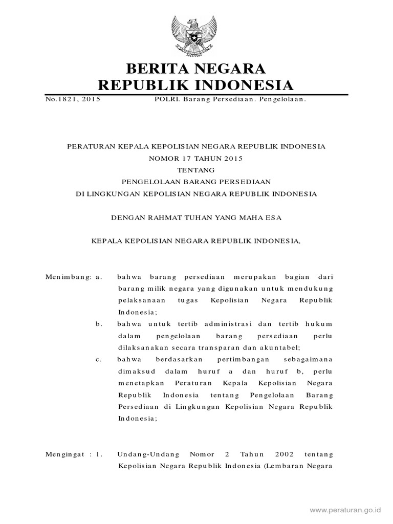 Perkap No. 17 Th. 2015 Ttg Pengelolaan Barang Persediaan | PDF Perkap No. 17 Th. 2015 Ttg Pengelolaan Barang Persediaan | PDF