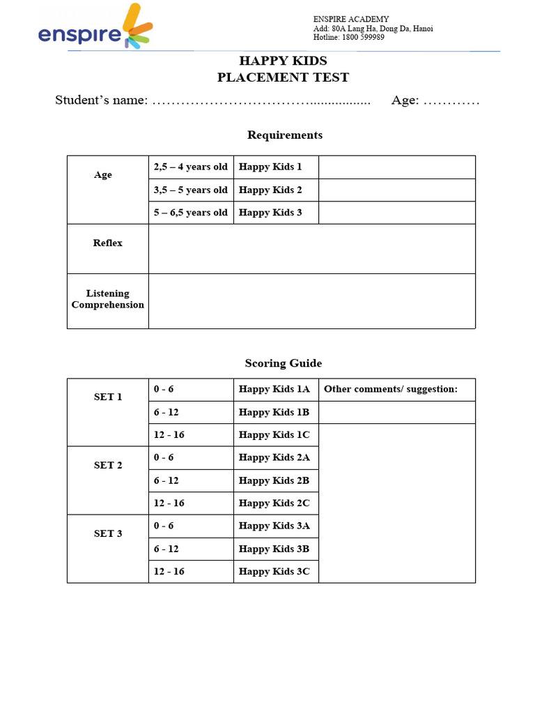 Placement Test Happy Kids - Test Paper | PDF