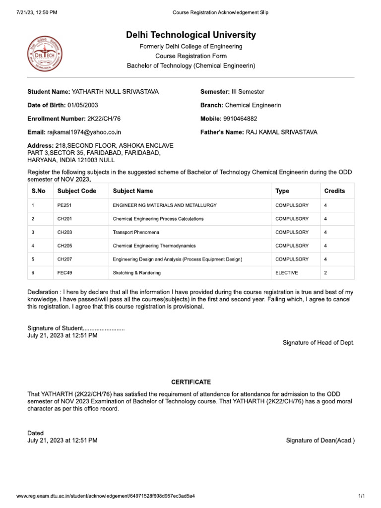 Course Registration Slip | PDF