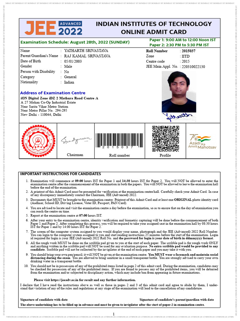 Jee Adv Admit Card | PDF | Identity Document