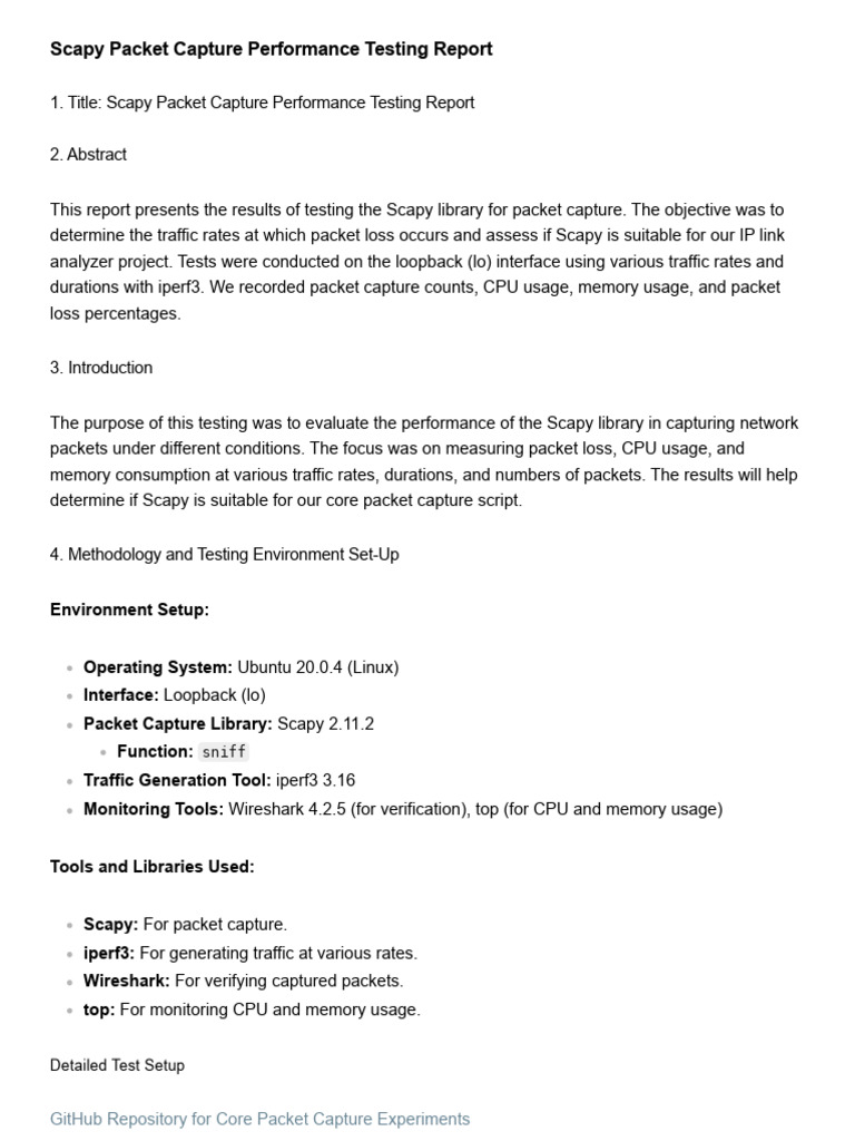Scapy Packet Capture Performance Testing Report Pdf Computing Computer Science