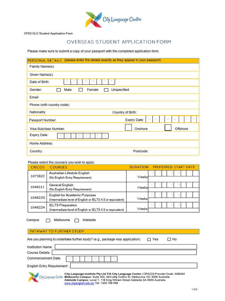 CLC Student Application Form-V4 | PDF | International English Language ...