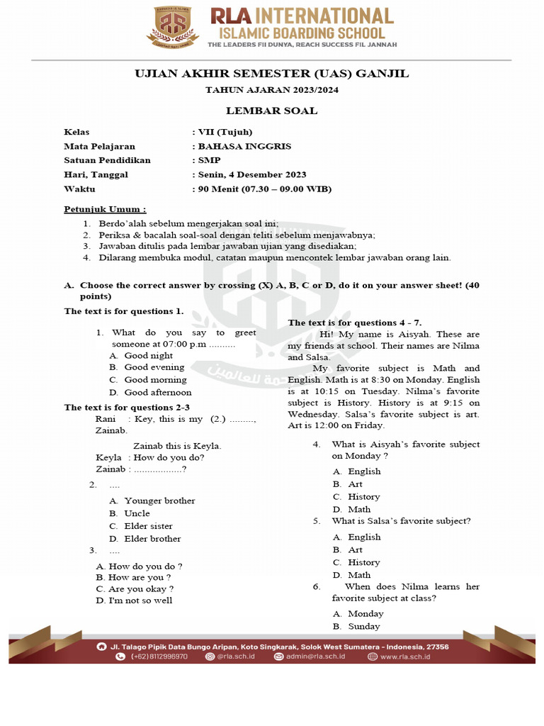 Template Soal Uas Ganjil Ta. 2023-2024_smp Rla Iibs | PDF