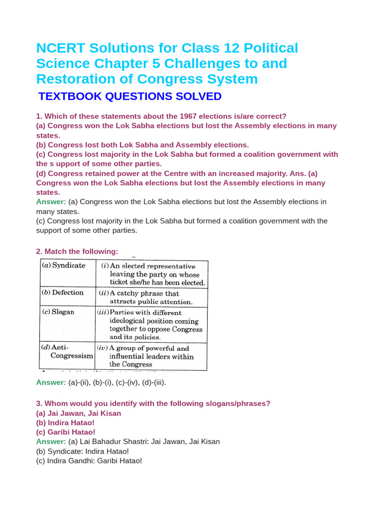 Chapter 5 Challenges To and Restoration of The Congress System | PDF ...