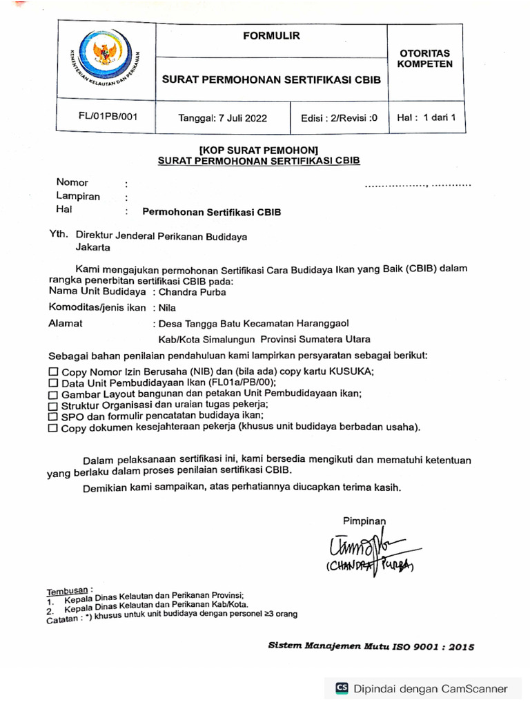 FL - 01 Form Permohonan Sertifikasi CBIB | PDF