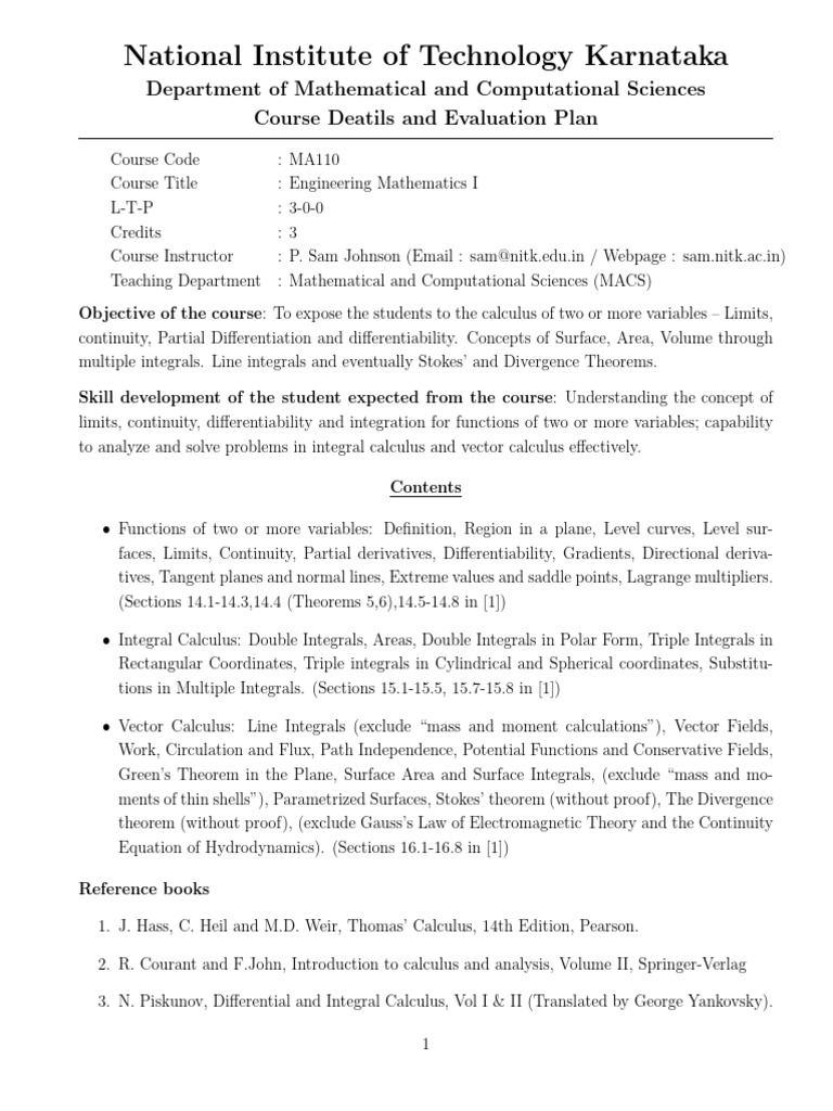 MA110 Course Plan | PDF | Integral | Derivative