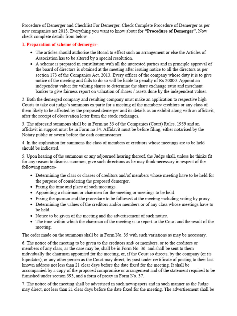 Demerger Checklist As Per New Act | PDF | Affidavit | Notary Public