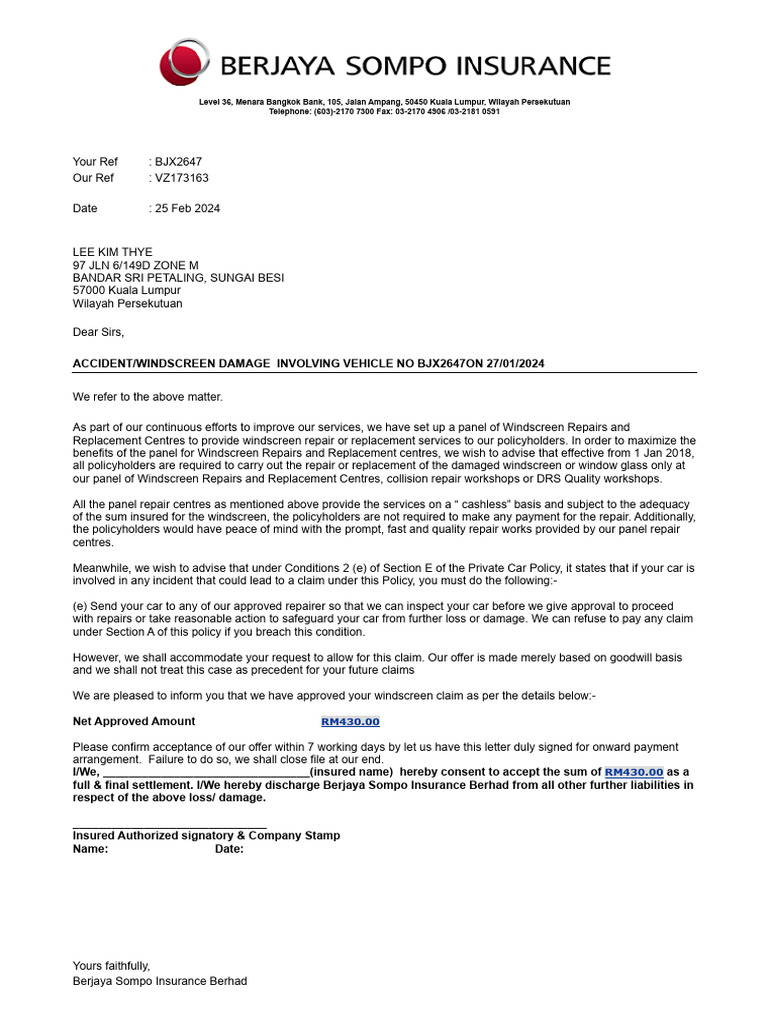 Windscreen Offer Letter To Insured | PDF | Insurance | Private Law