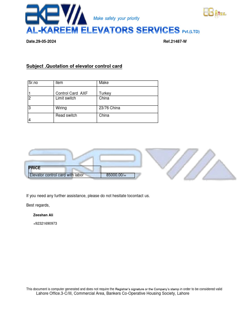 Elevator Control Card Quotation | PDF | Computers