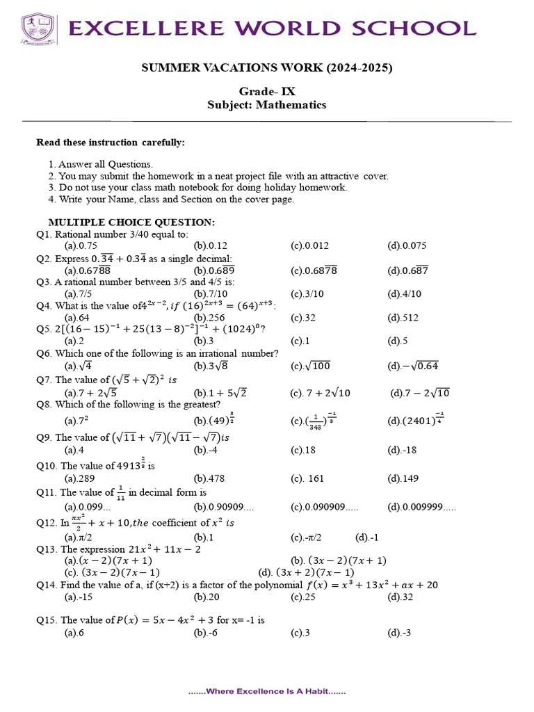 Grade 9 Math Holiday Homework | PDF | Cartesian Coordinate System | Numbers