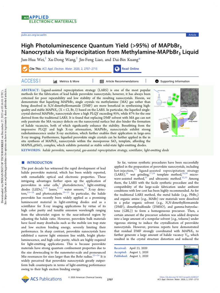 High Photoluminescence Quantum Yield ( - 95 - ) of MAPbBr3 Nanocrystals Via Reprecipitation From ...