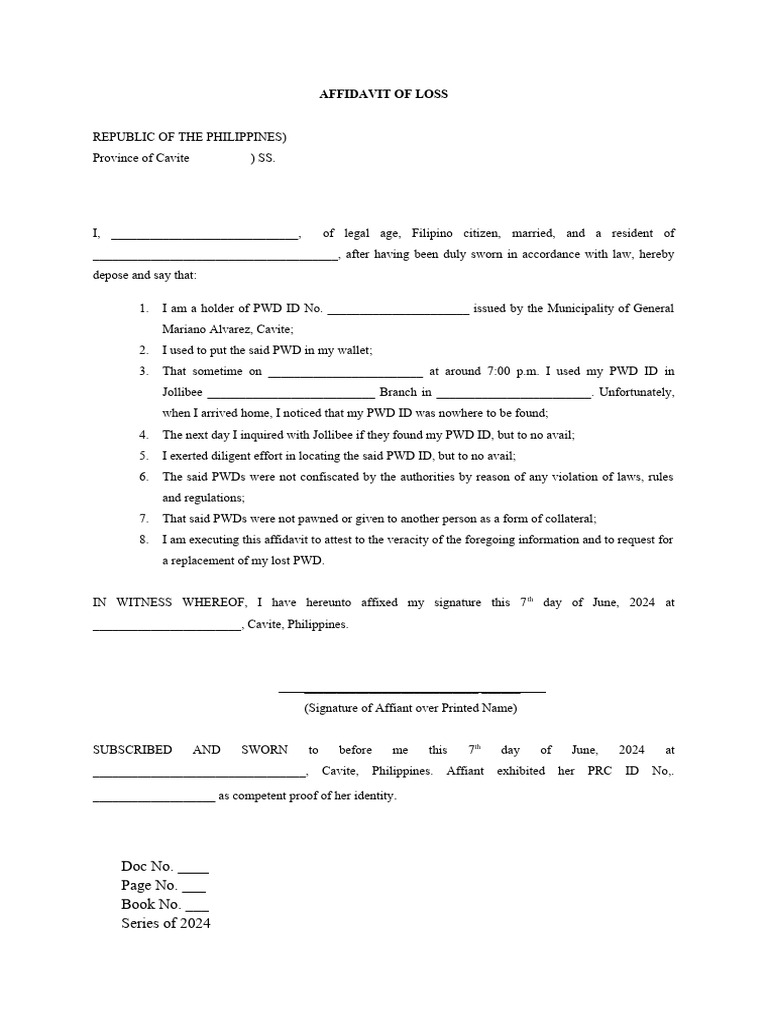 Sample Affidavit of Loss - PWD ID | PDF