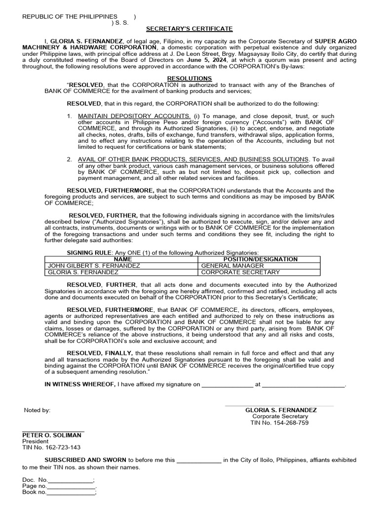 Secretary's Certificate for Account Opening (Domestic Corporation) (1 ...