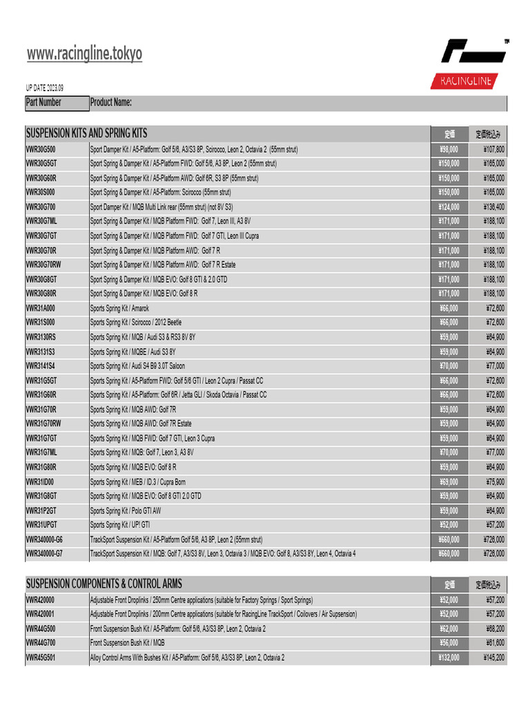 Racingline Pricelist 2023 9 | PDF | Automotive Industry | Volkswagen Group