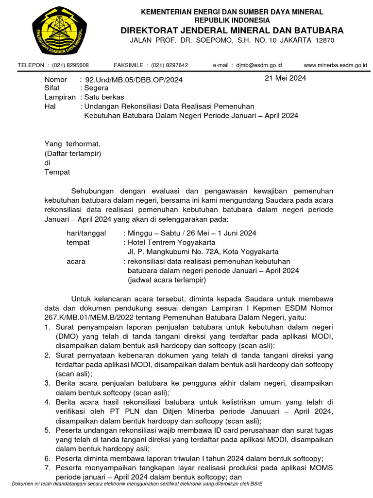 Undangan Rekon DMO Jan - April 2024 (Pemasok) | PDF