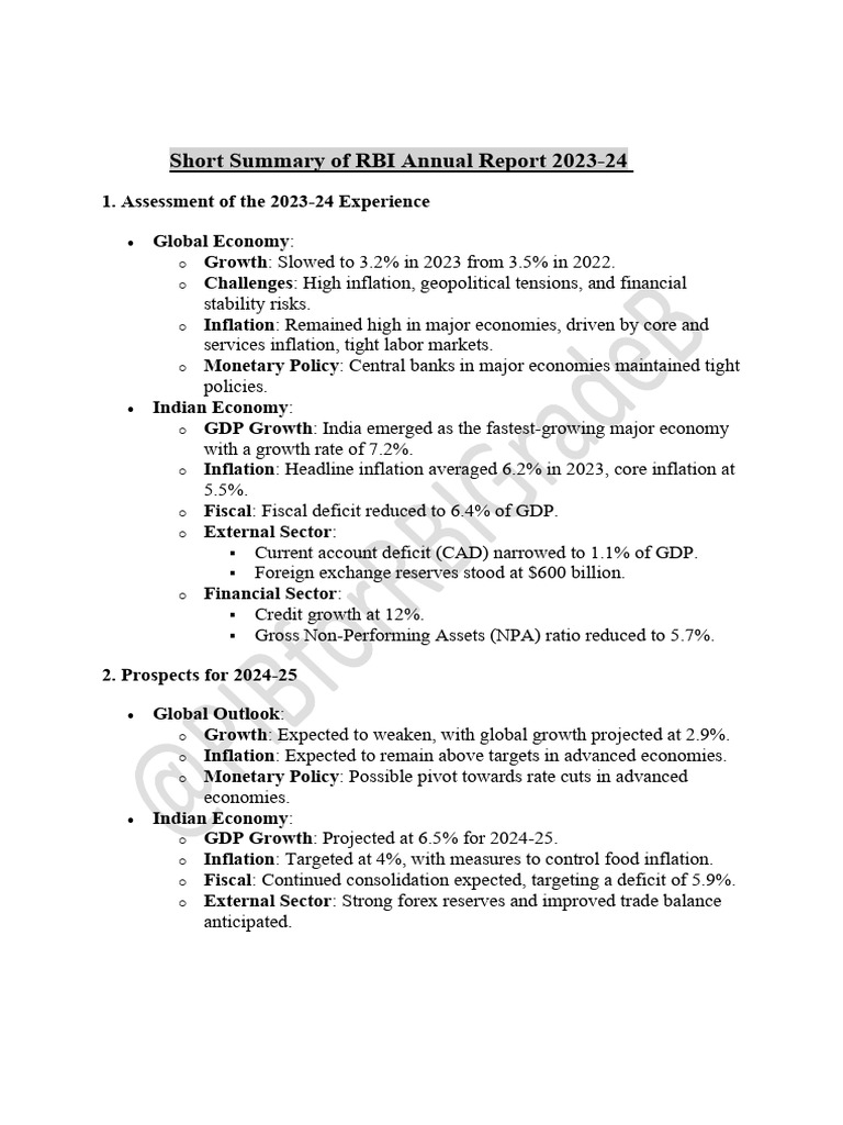 RBI Annual Report 2023-24 Summary | PDF | Inflation | Government Budget ...