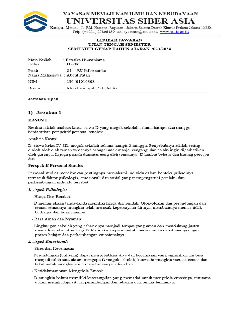 Uts Estetika Humanisme Abdulpatah | PDF | Karier & Perkembangan | Kesehatan Holistik