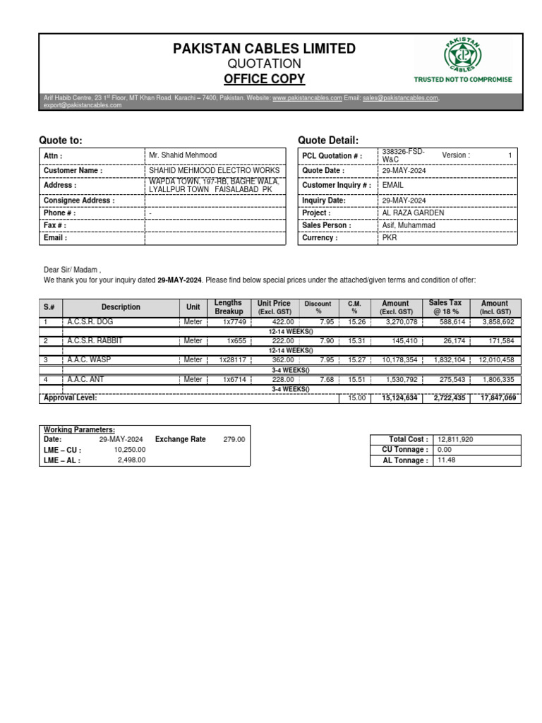 Pakistan Cables Quotation #338326-FSD | PDF | Taxes | Government Finances