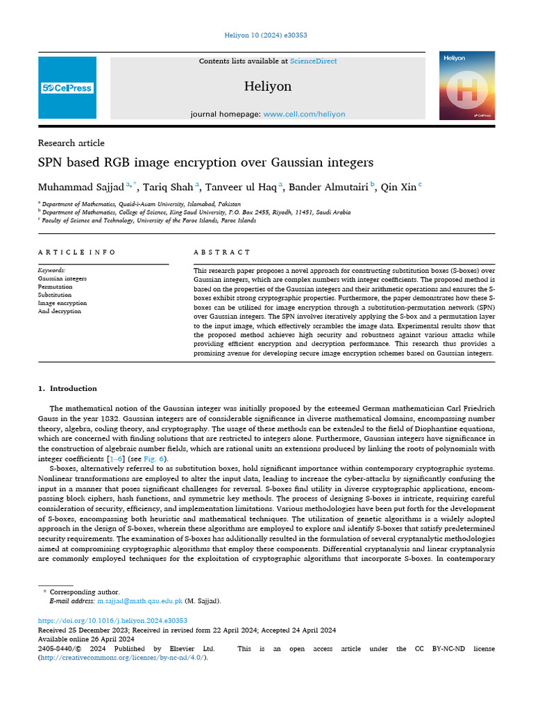 SPN Based RGB Image Encryption Over Gaussian Integ | PDF | Key ...