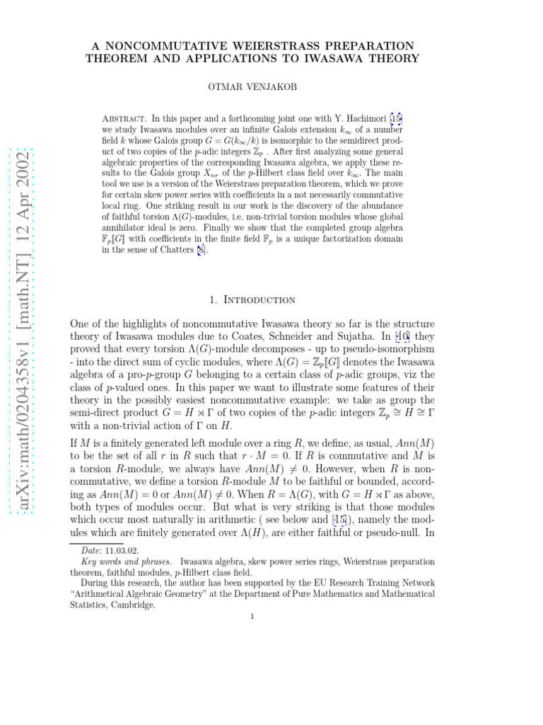 A Non-Commutative Weierstrass Preparation Theorem and Applications To Iwasawa Theory | PDF ...